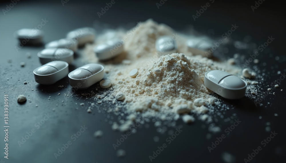 Fentanyl pills scattered on surface, powder form present. Opiate drug ...