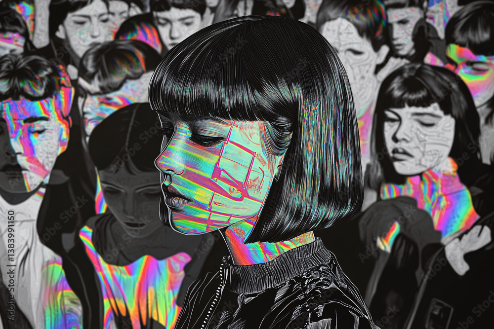 graphic illustration of masked woman with bob haircut in stylized crowd ...