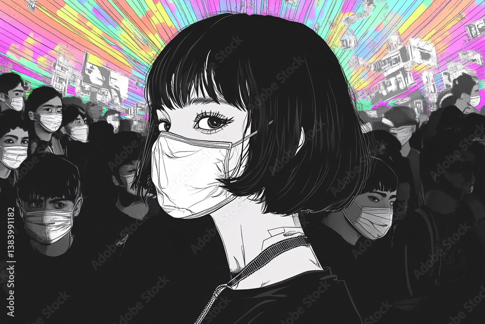 graphic illustration of masked woman with bob haircut in stylized crowd ...