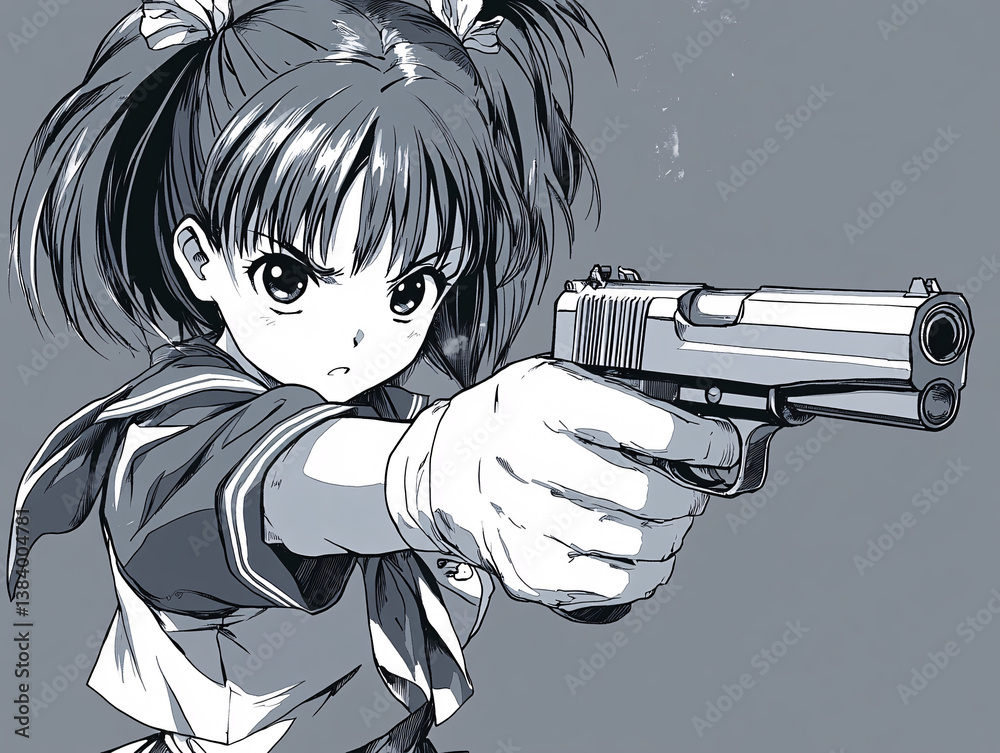 black and white manga style illustration of anime girl aiming pistol in ...