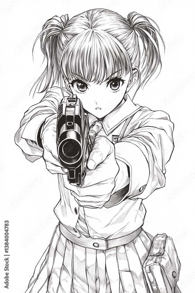 black and white manga style illustration of anime girl aiming pistol in ...