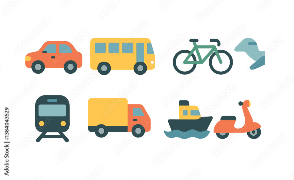 Colorful transportation icons collection: car, bus, bike, train, truck ...