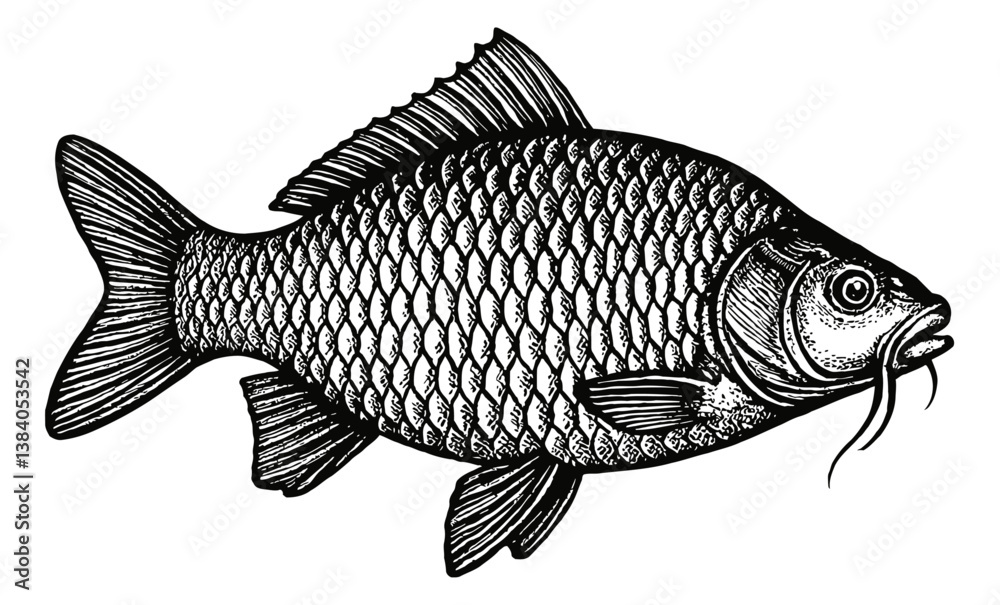 Illustration of a common carp Fish with Detailed Scales and Fins in ...