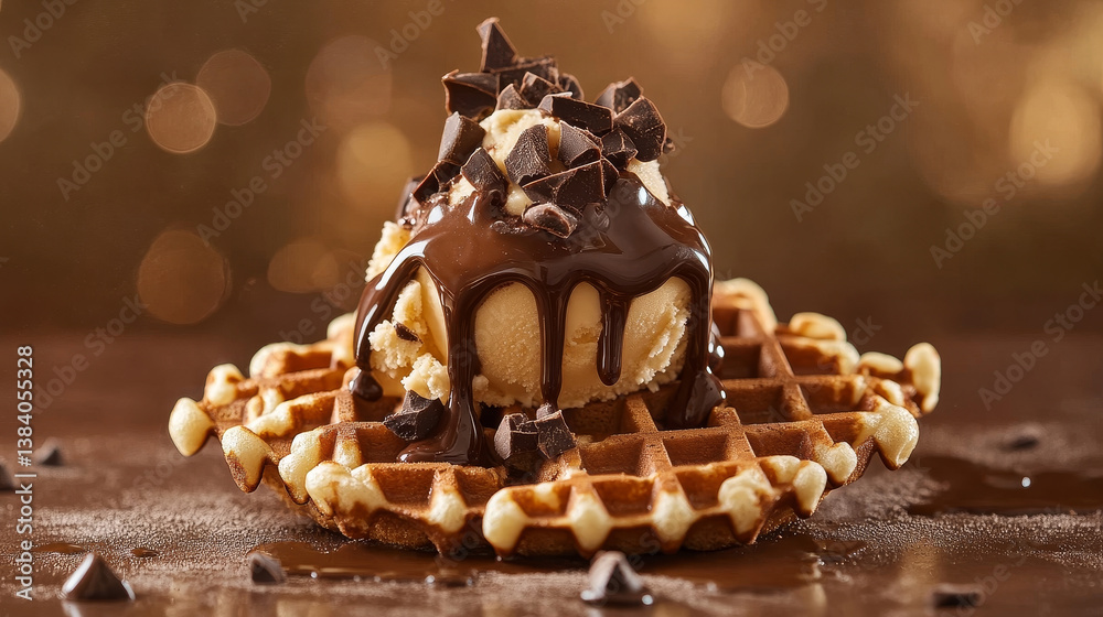 Chocolate ice cream flowing over waffle texture background with text ...