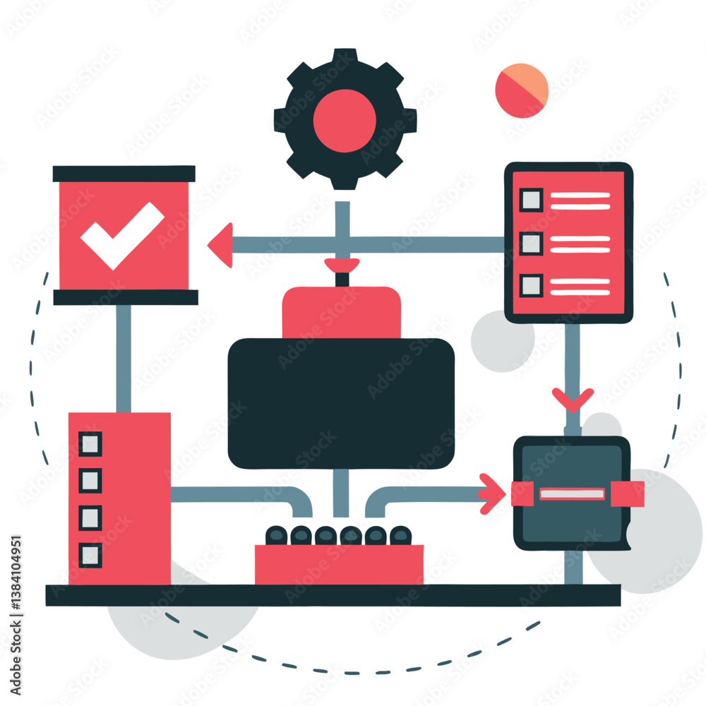 Illustration of a process flow diagram with gear, checklist, and ...