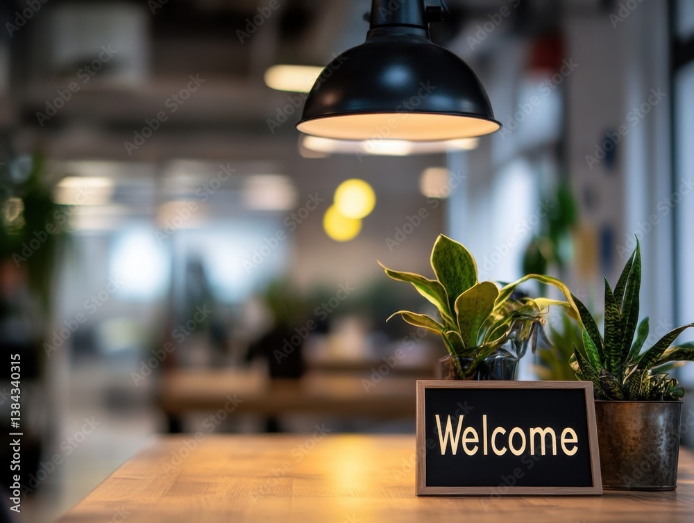 Welcome desk in coworking space with modern LED lighting and negative ...