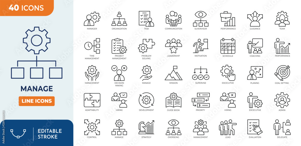 Manage line editable icon set. Containing management, project ...