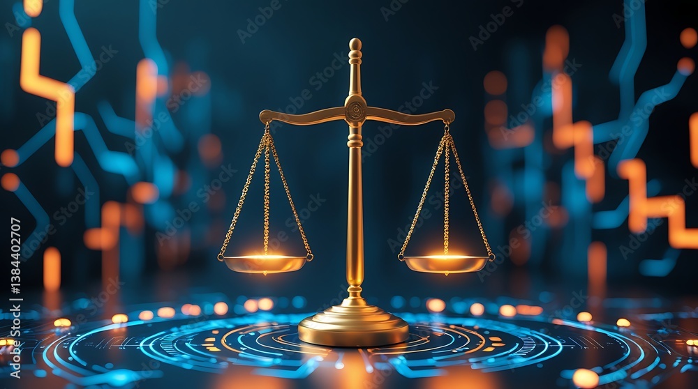 Modern legal justice balance on a futuristic tech background ...