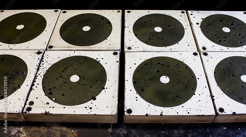 Various square targets showing circular aim marks and paint splatter ...
