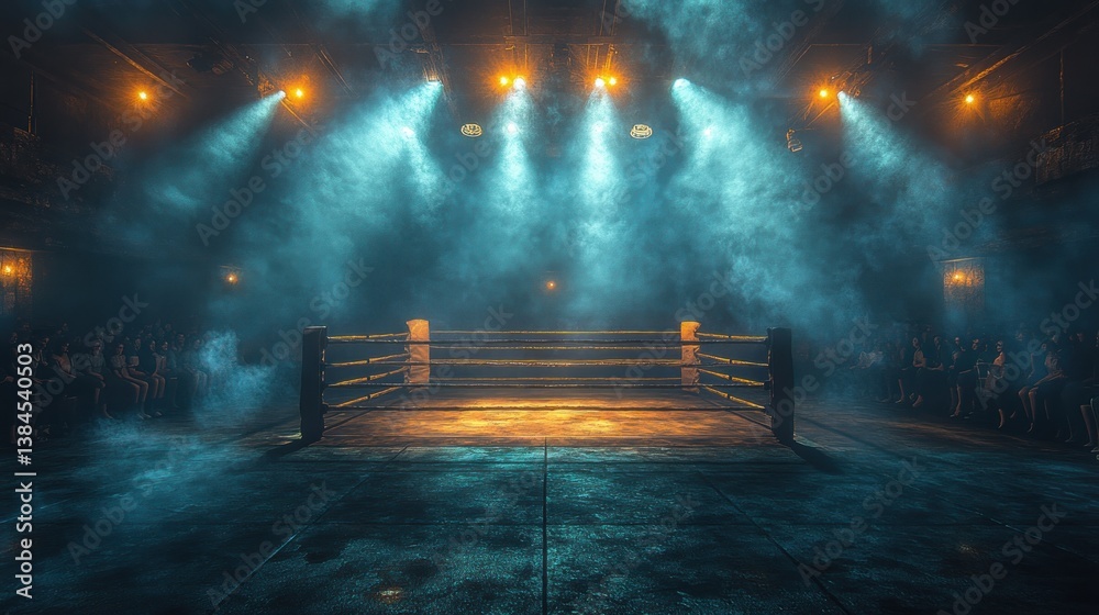 Boxing Ring at Night with Spotlights and Fans in Sports Arena Digital ...