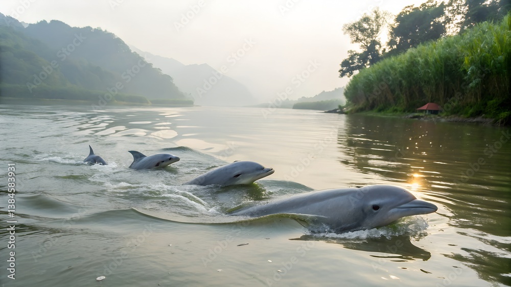 Baiji dolphin swimming gracefully in a tranquil river, with misty ...