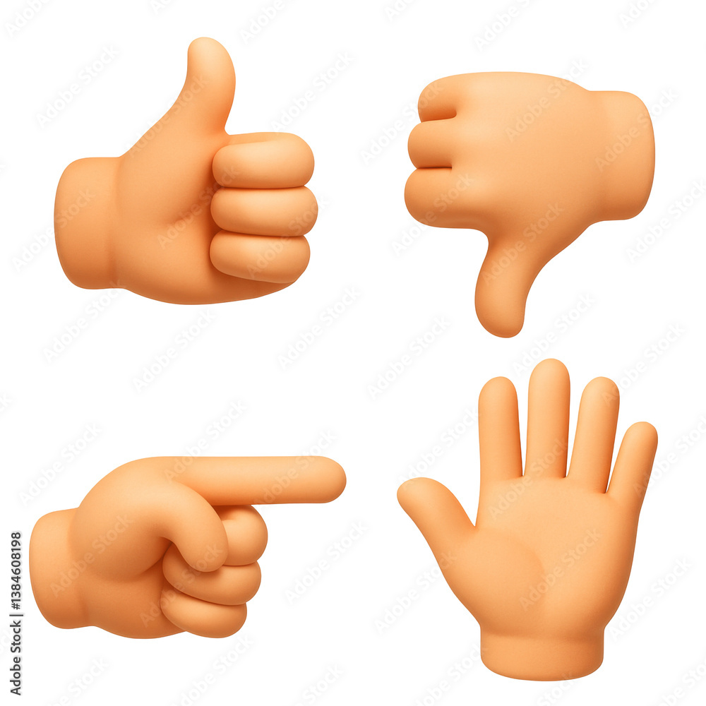 Hand gestures in three-dimensional design showing thumbs up, thumbs ...