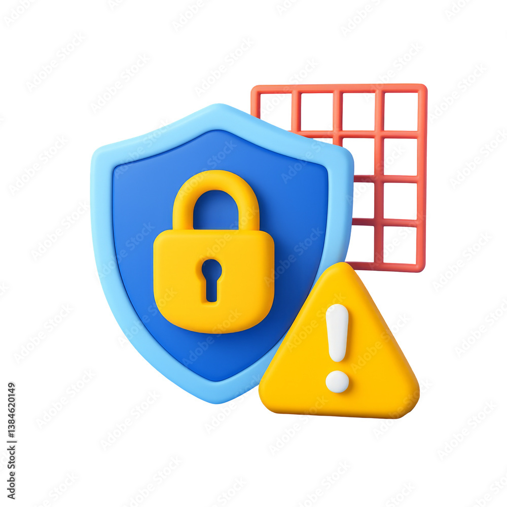 Illustration of a 3D security icon featuring a shield, padlock, warning ...