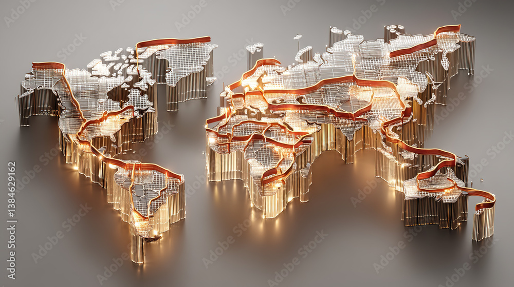 Transparent 3D isometric world map with glowing trade routes and tariff ...