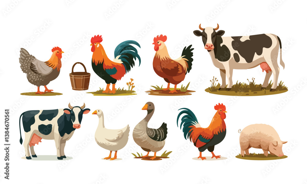 Farm animals set. Goose, chicken, hen and rooster, dairy cow, pig in ...