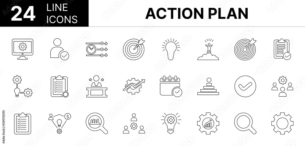 Collection of 24 action plan line icons featuring editable strokes ...