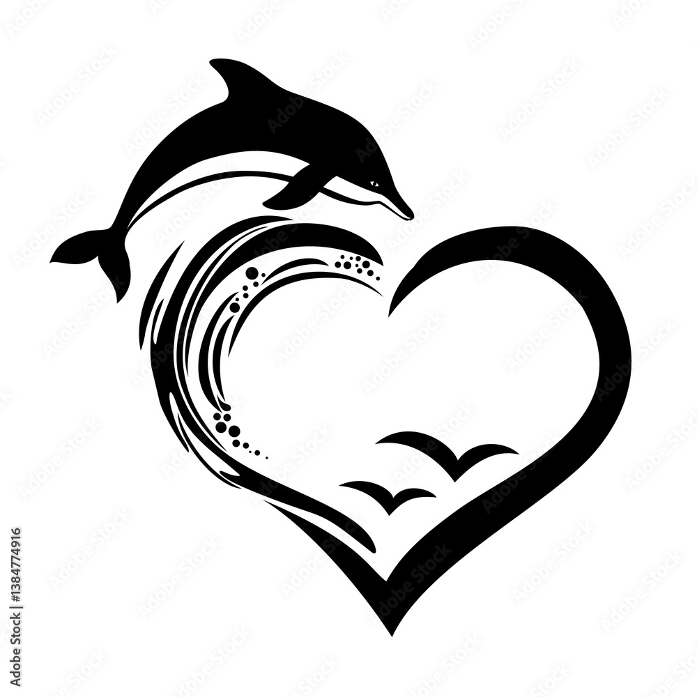 Heart shaped frame with jumping dolphins and water drops. illustration ...