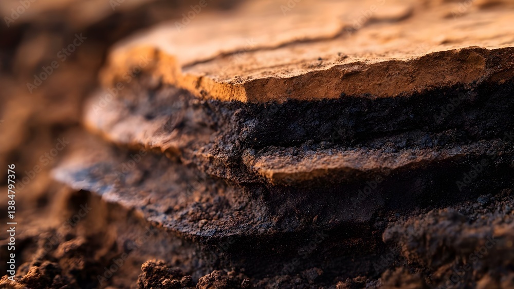 Layers of soil or sediment displaying different textures and colors ...