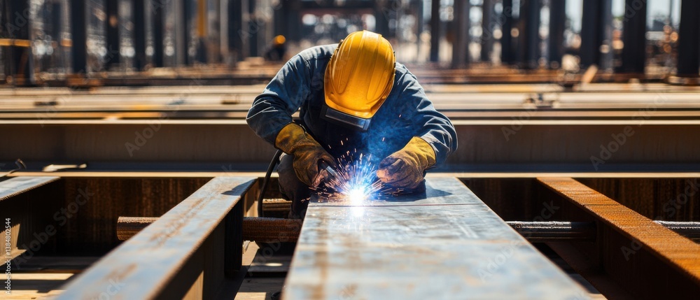 A welder welding steel beams together for a bridge construction project ...