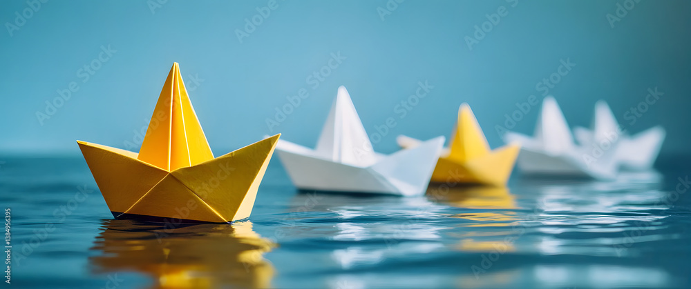 Foto de Stock Paper boat steers the fleet with newcomers joining the ...