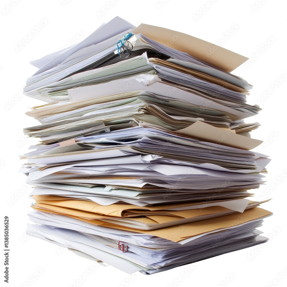 Busy stack of piled paper documents and files in a cluttered workspace ...