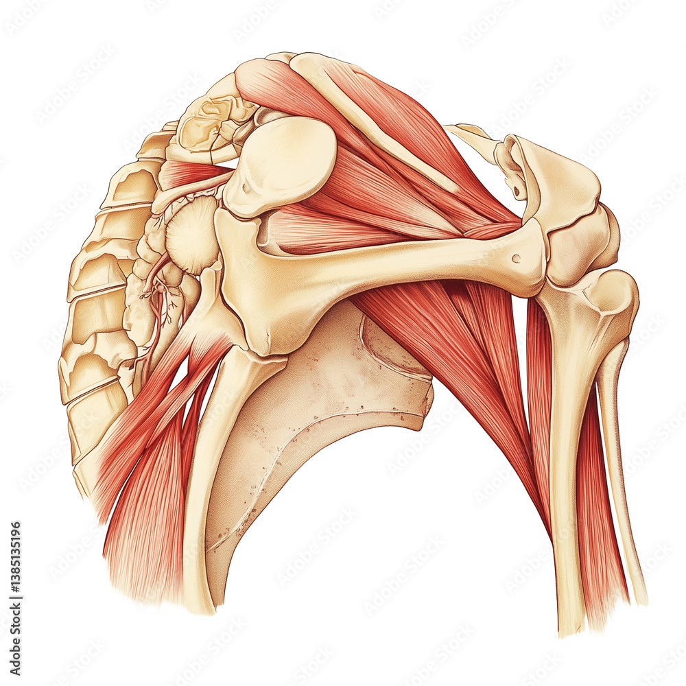 Anatomical illustration of the human shoulder joint highlighting ...