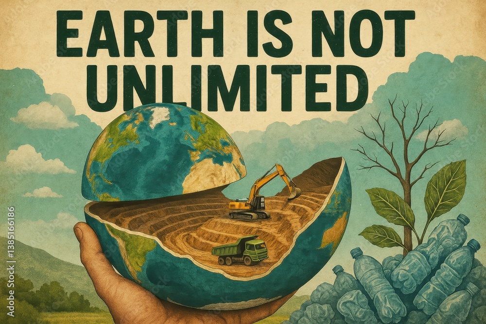 Environmental concept: earth as a mining site highlighting finite ...