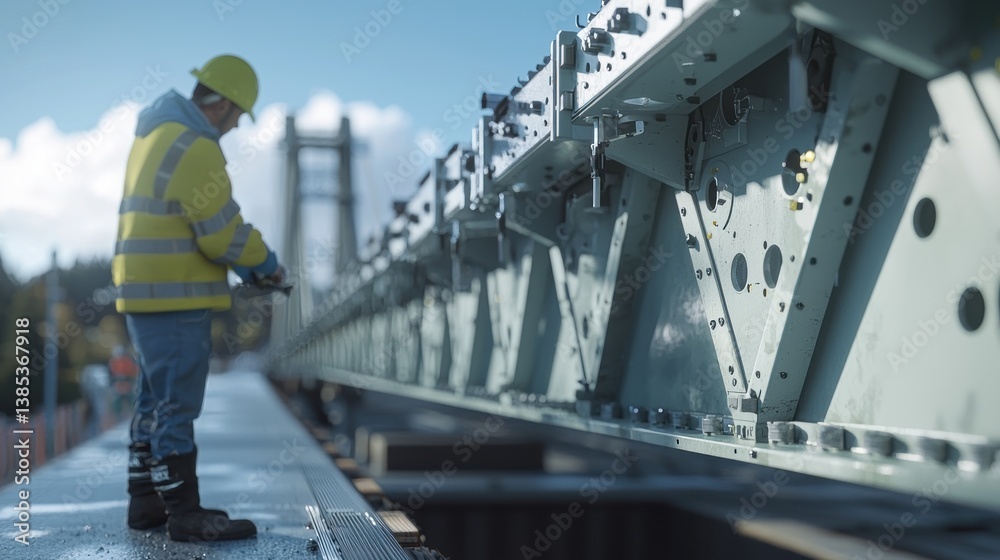 Bridge Construction Inspection: Worker Examining Modern Steel Bridge ...
