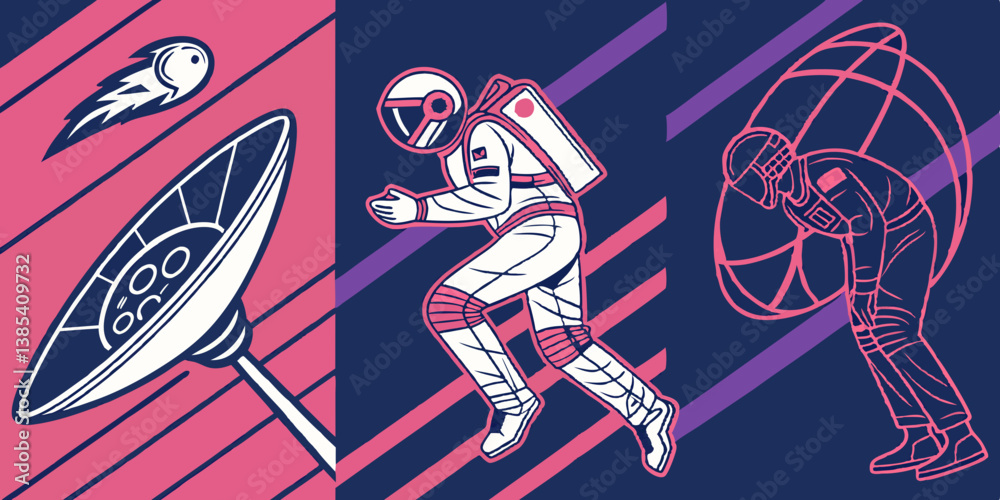 Retro Cartoon Space Vector Art Astronauts Comet Satellite Dish Globe ...