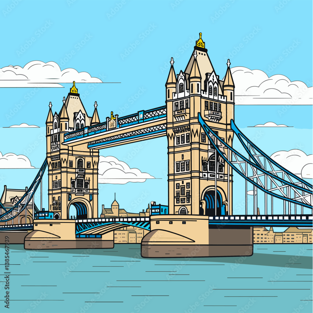 Tower Bridge hand-drawn comic illustration. Tower Bridge. Vector doodle ...