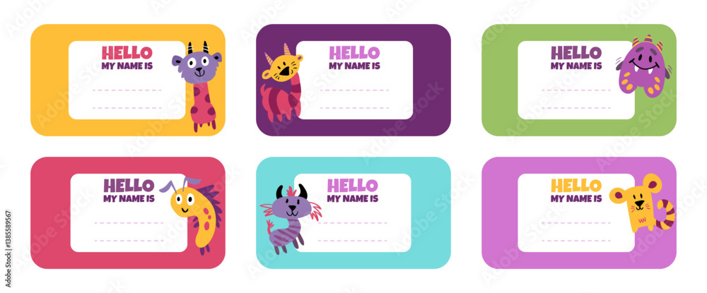 Name tag set for kids with funny cute monster characters and place for ...