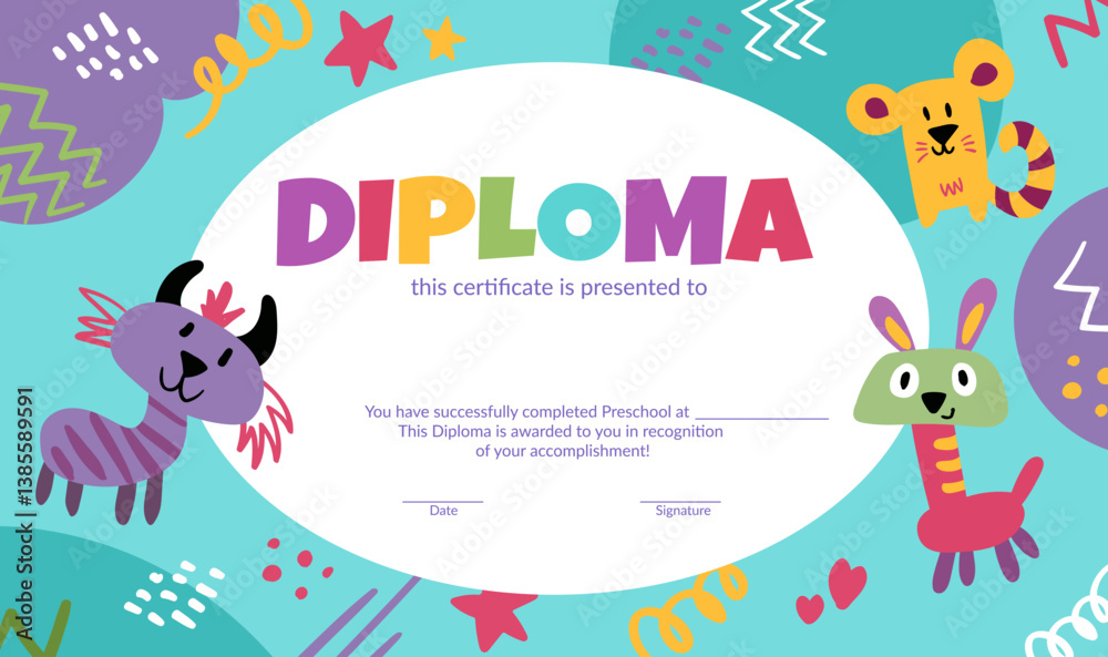 Certificate with cute monsters. Colorful school and preschool diploma ...