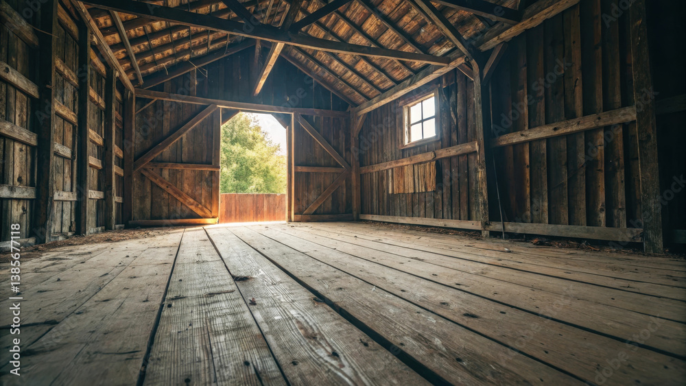 Rustic barn interior with weathered wooden floor, exposed beams, and ...