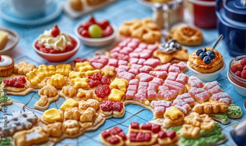Miniature desserts arranged as world map on blue table for food ...