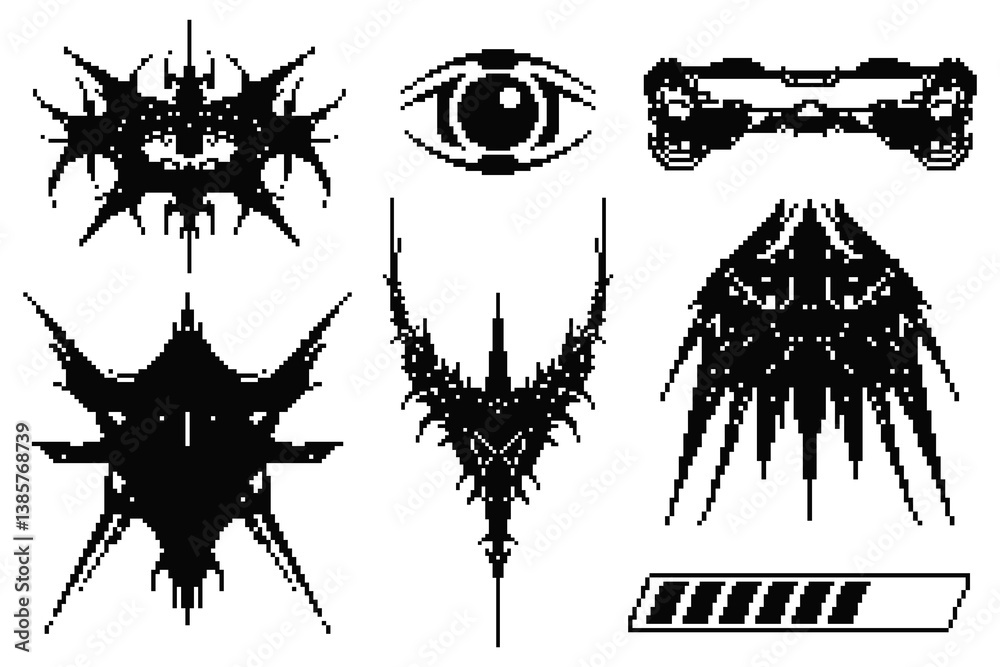 Retro-futuristic pixel art. Cyber sigils with gothic and biomechanical ...