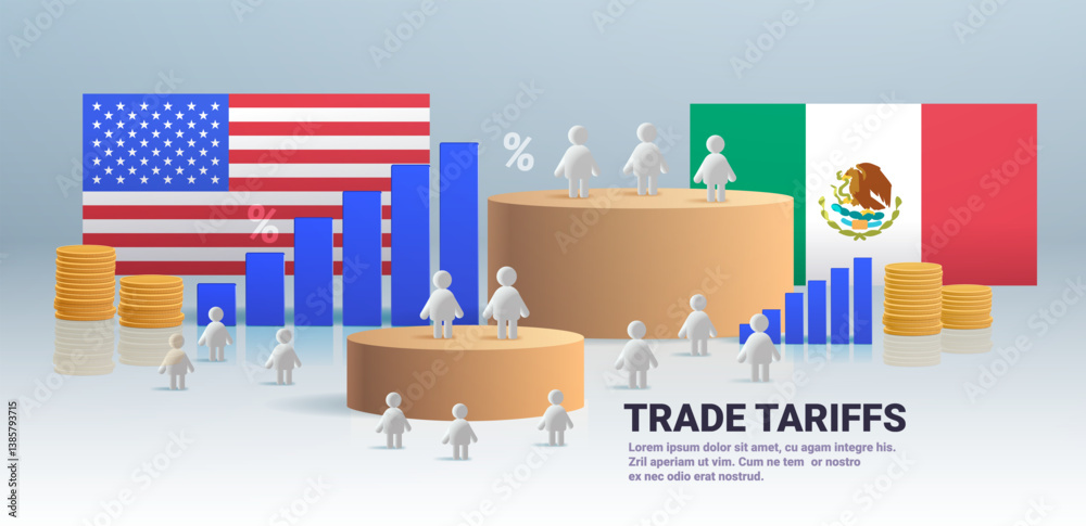 Trade war tariffs USA Mexico concept illustration. Flags coins bar ...