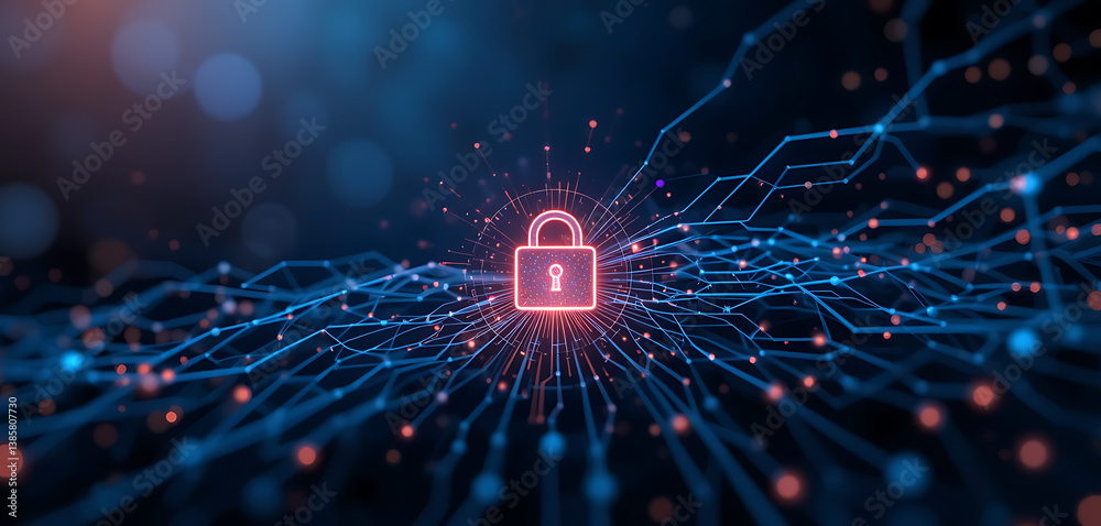 Abstract minimalist cyber protection lines in network style with ...