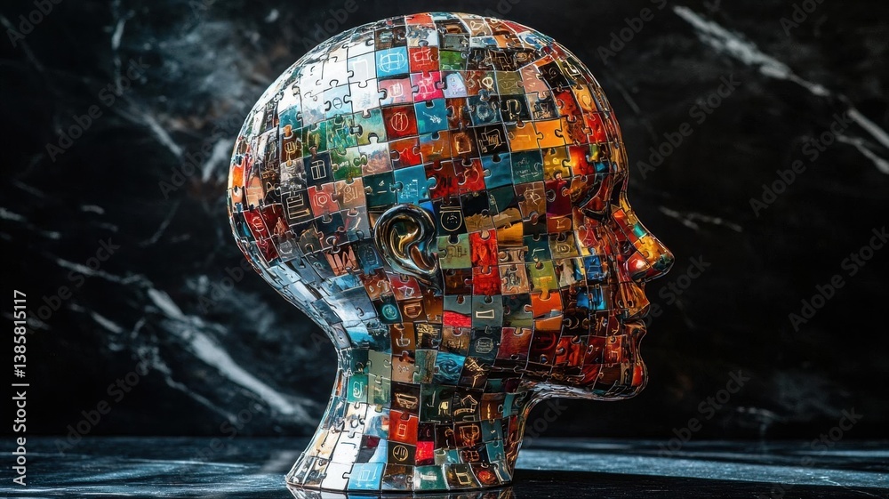 Transform the image of a human head into a riddle of symbols, inviting ...