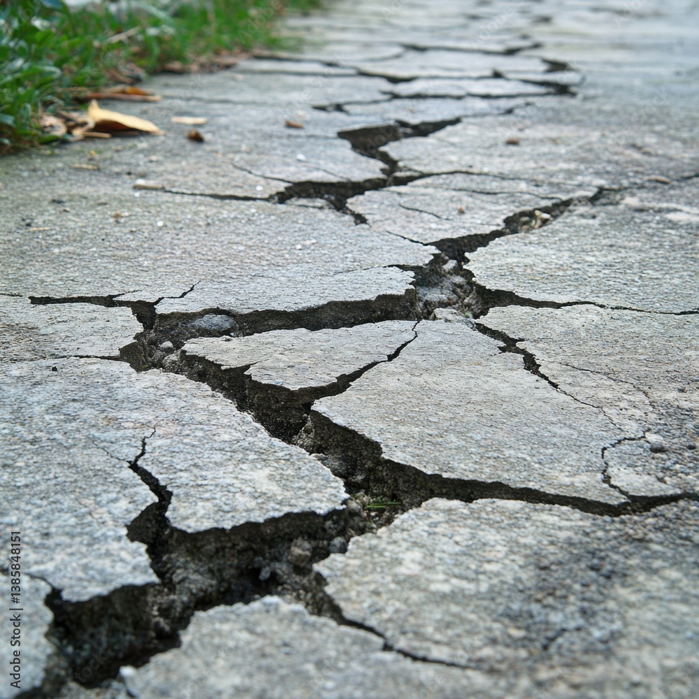 Cracked concrete surface with deep fissures and green grass on the side ...