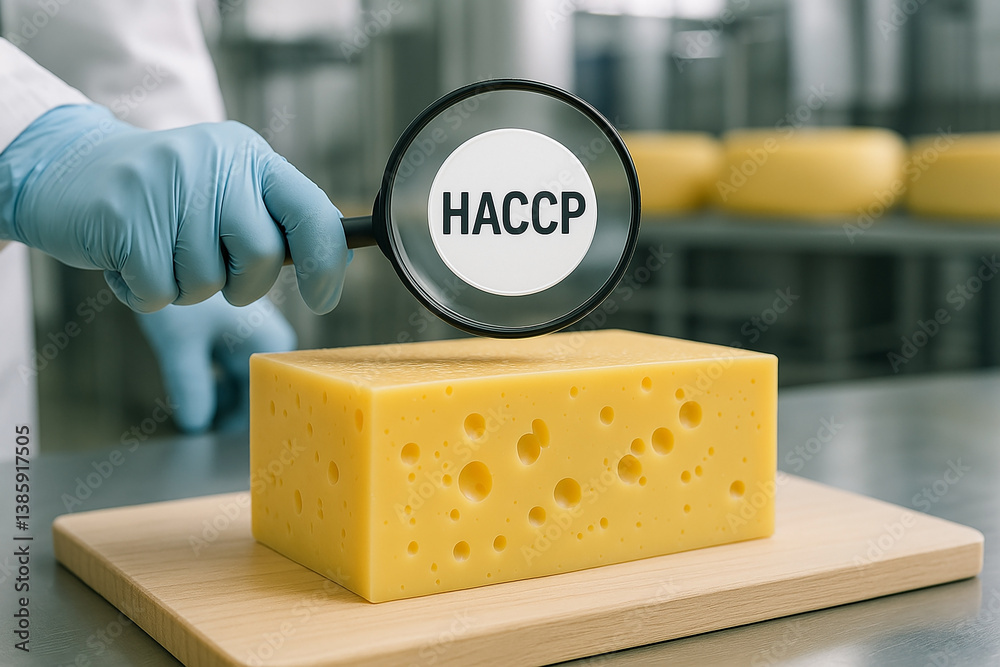 Cheese block under magnifying glass for HACCP inspection, highlighting ...