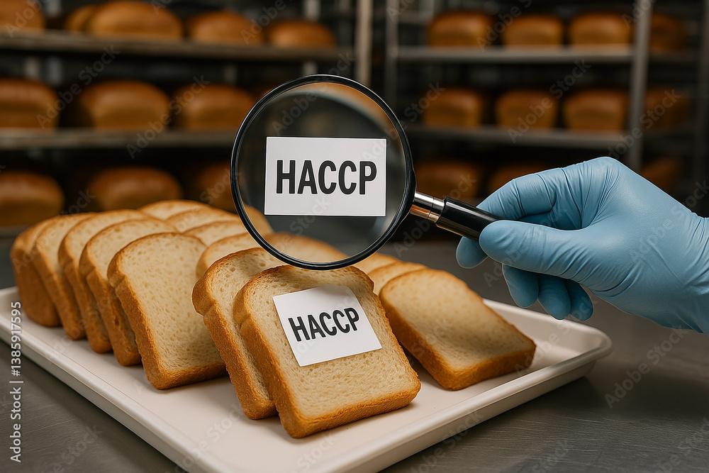 Engineer conducting Hazard Analysis and Critical Control Points HACCP verification on sliced ...
