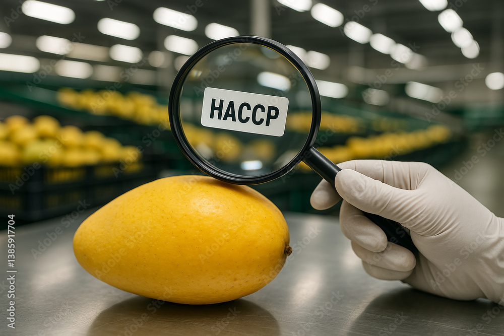 Food inspection of mango with magnifying glass and HACCP label for food safety and Hazard ...