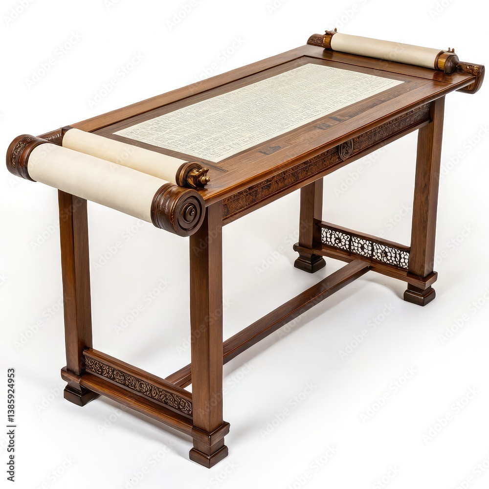 Antique wooden table with parchment scrolls. Detailed craftsmanship ...
