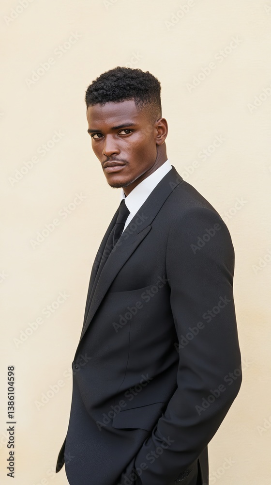 Confident black supermodel poses as an Italian mafia boss, showcasing a ...