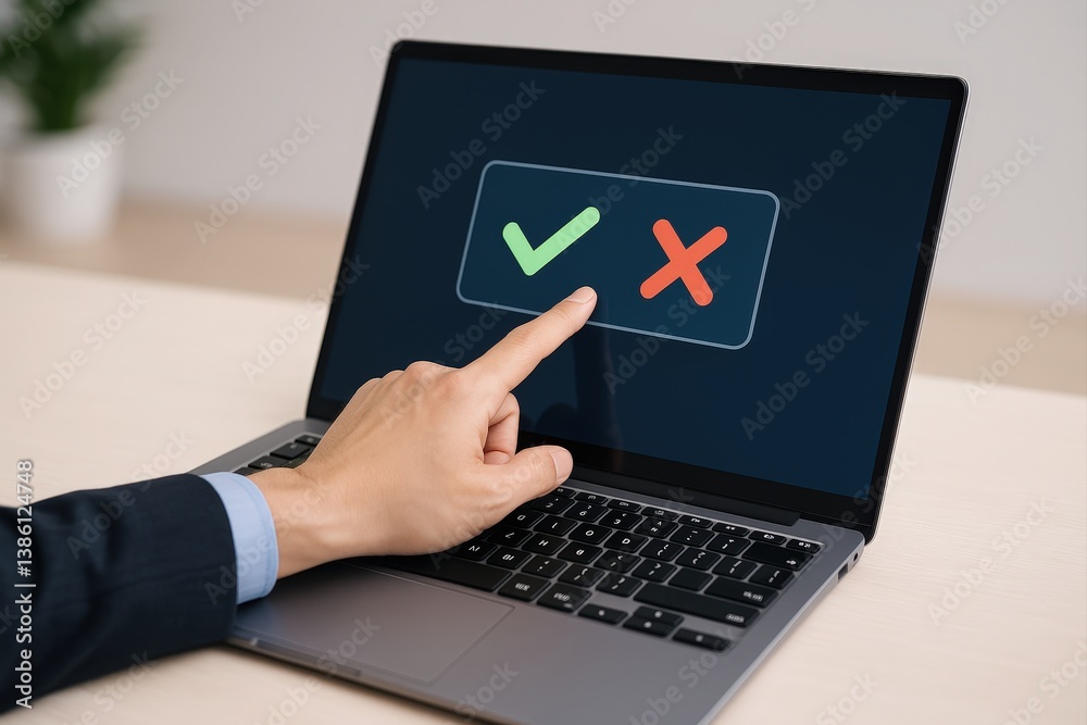 Hand Pointing to Check Mark and Cross on Laptop Screen for Decision ...