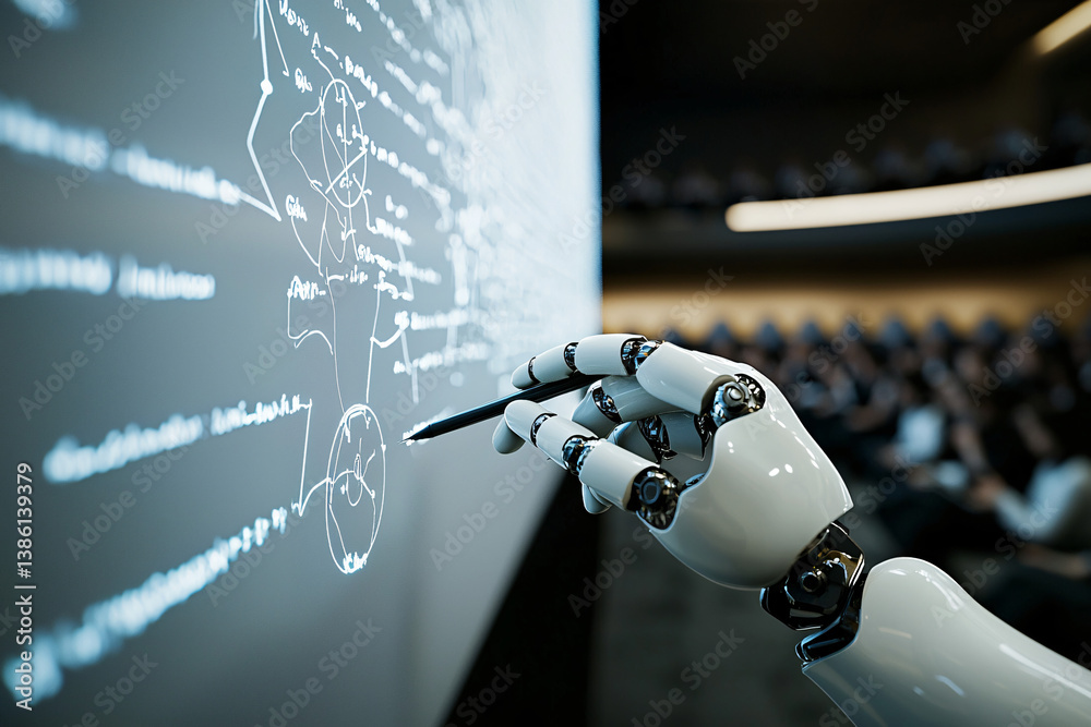 AI professor robot writing complex quantum formulas on interactive ...