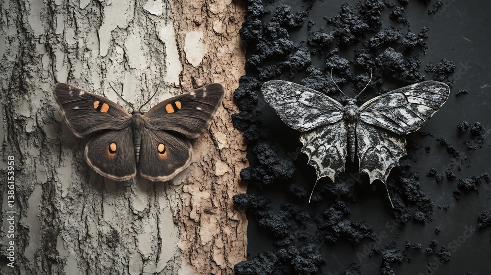 Split image showing moth pristine environment light tree bark another ...