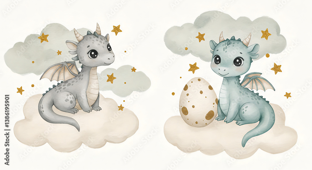 Illustration of cute little dragons in playful poses, featuring ...