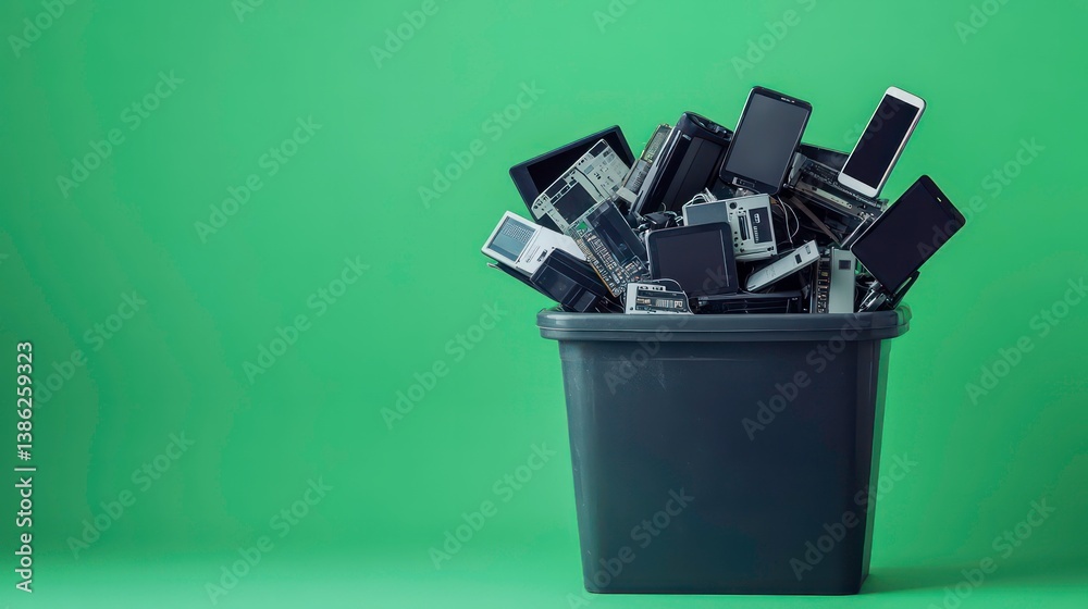 Dark gray recycle bin full of old electronics. Mobile phones, computer ...