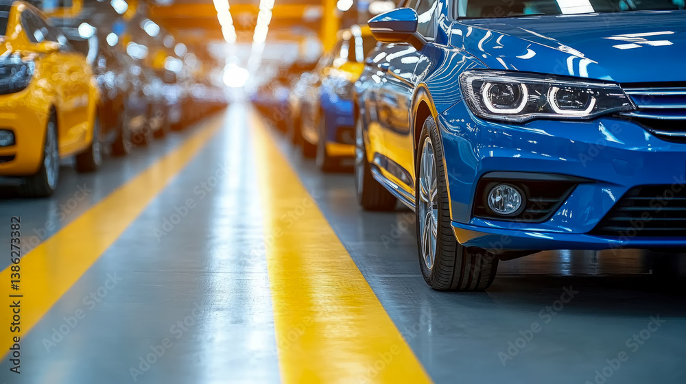 Automotive Industry: Assembly line of shiny new vehicles awaiting ...